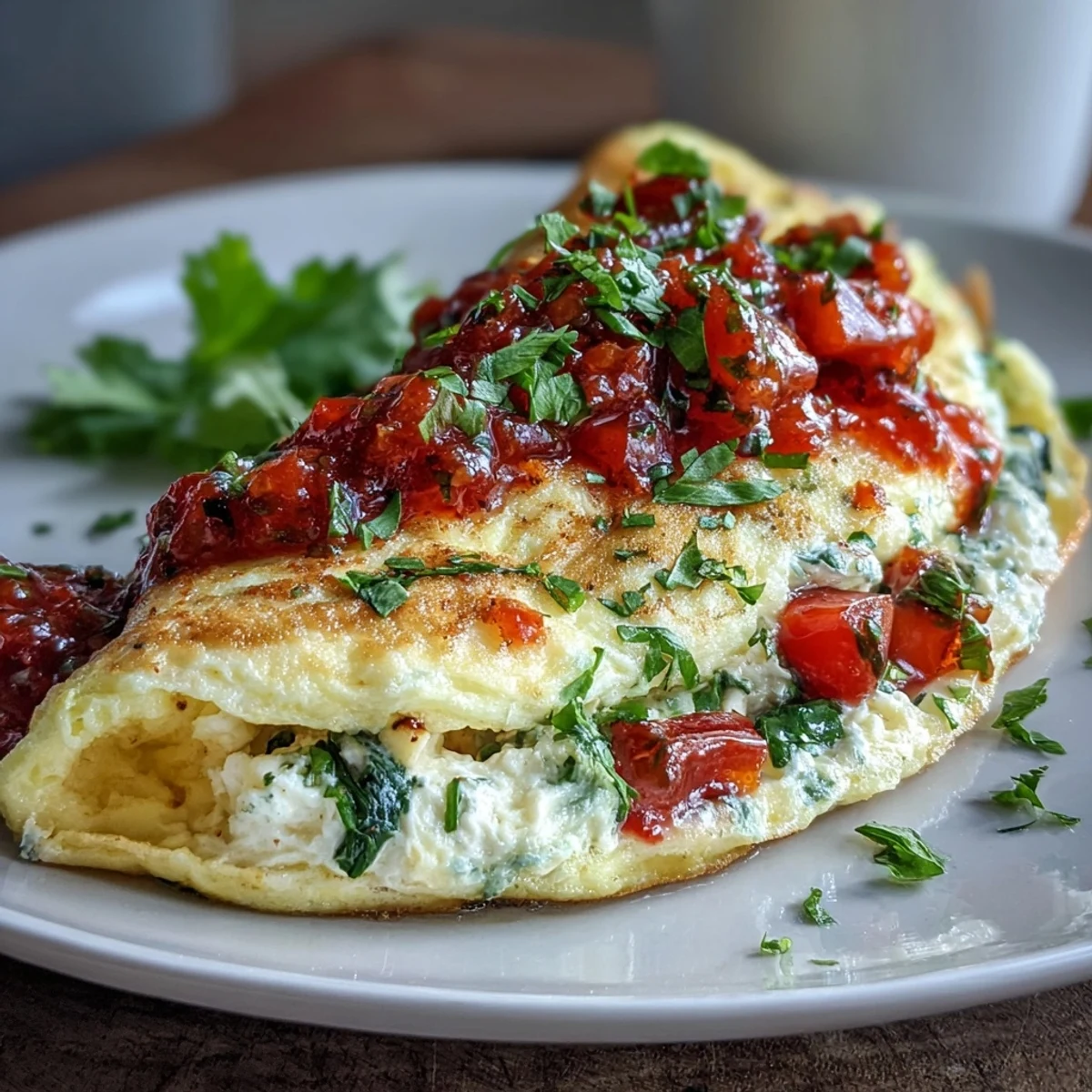 Fluffy egg whites with fresh veggies and zesty salsa